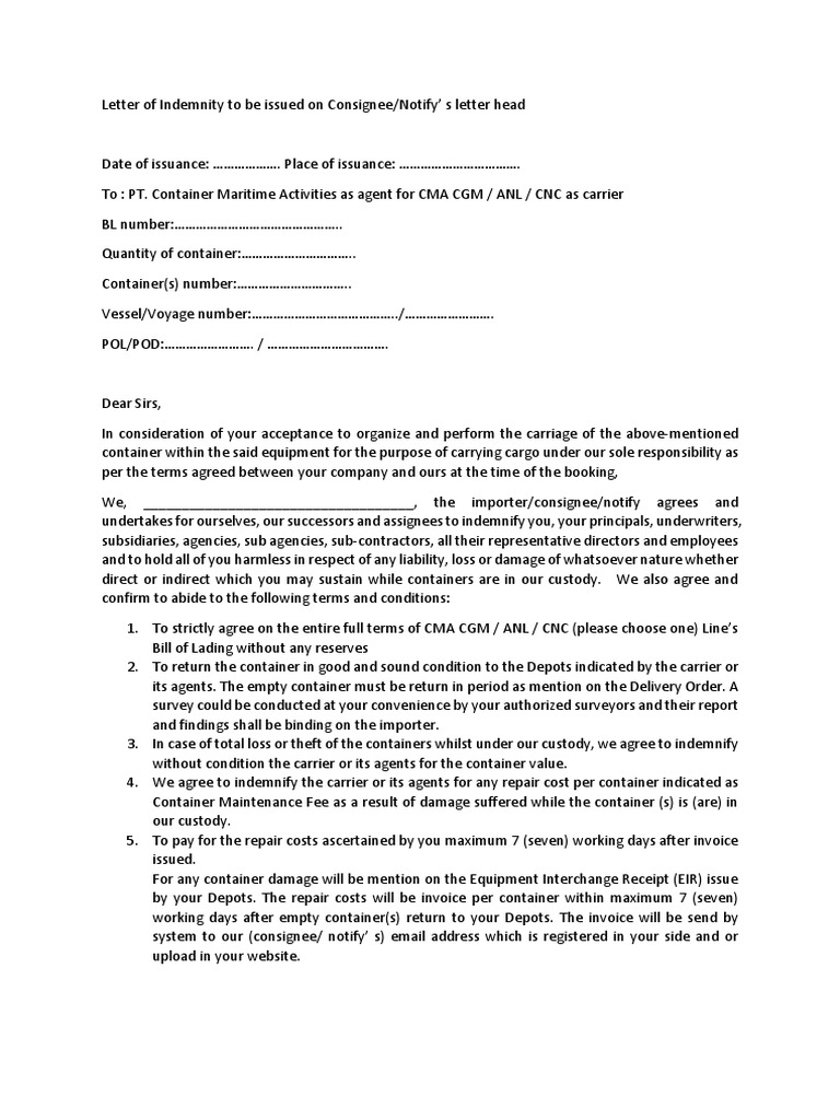 Letter of Indemnity To Be Issued On Consignee or Notify (New) | PDF ...