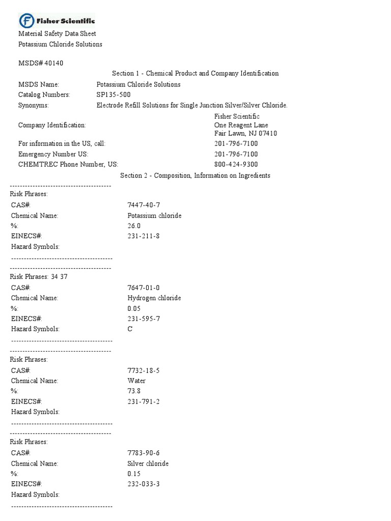 MSDS KCL | PDF | Personal Protective Equipment | Dangerous Goods