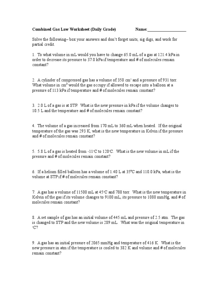 Unit 5 - Combined Gas Law Worksheet | PDF