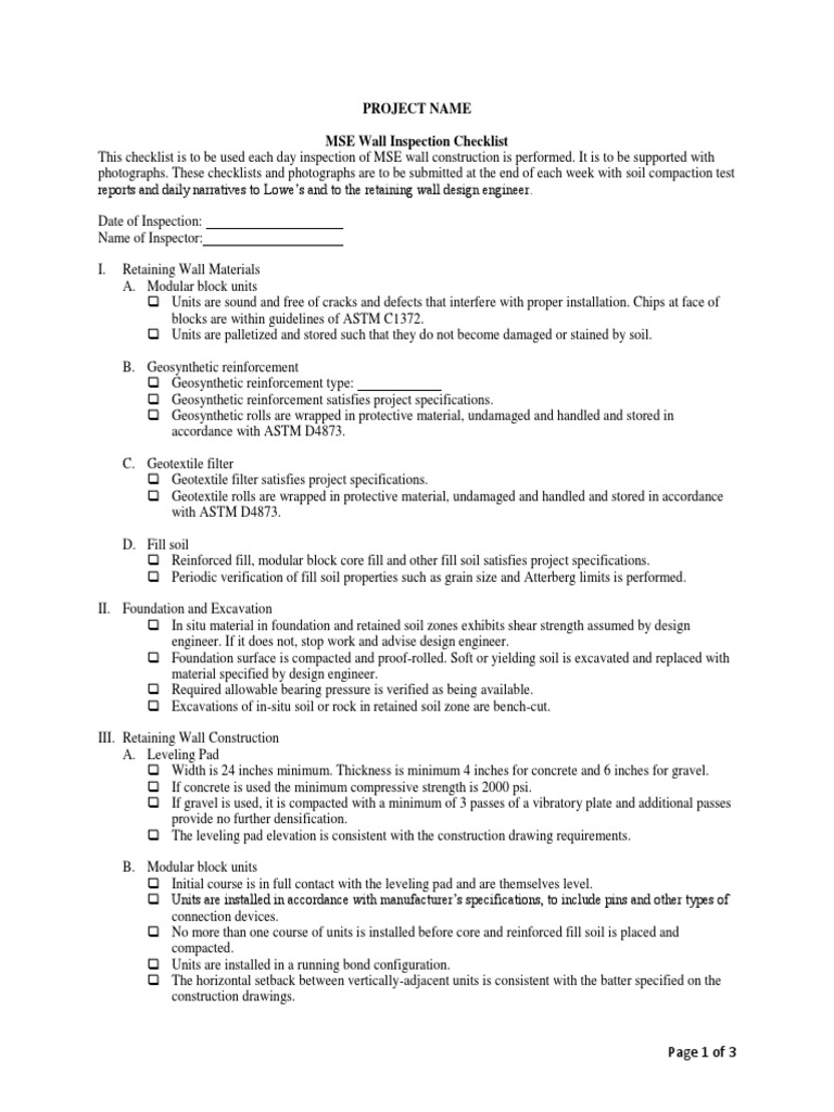 1900K MSE Wall Checklist | PDF | Drainage | Wall