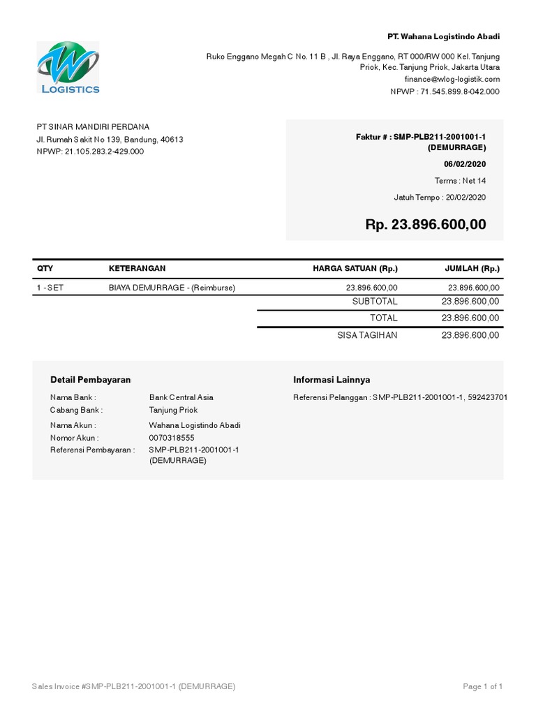 Contoh Invoice Demurrage Jasa Logistik | PDF