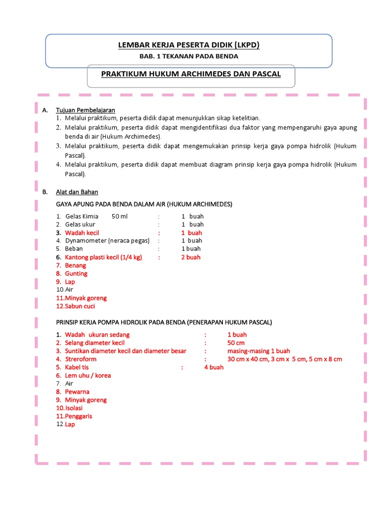 LKPD Hukum Archimedes Dan Pascal PDF | PDF