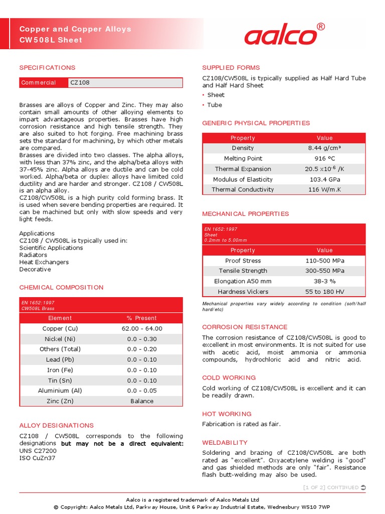 Aalco Metals LTD - Copper and Copper Alloys CW508L Sheet - 114 | PDF ...