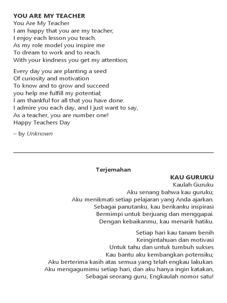 Puisi Bahasa Inggris YOU ARE MY TEACHER | PDF