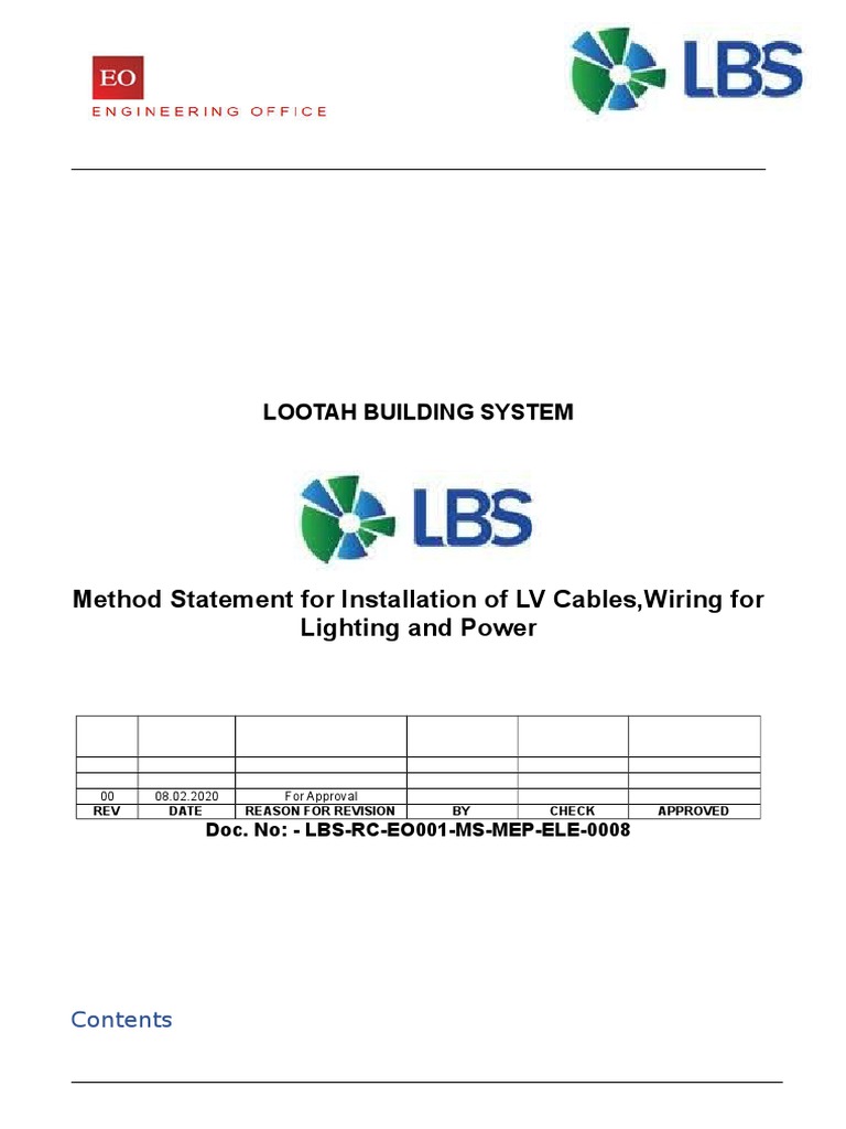 Method Statement For LV Cables, Wiring For Lighting and Power ...