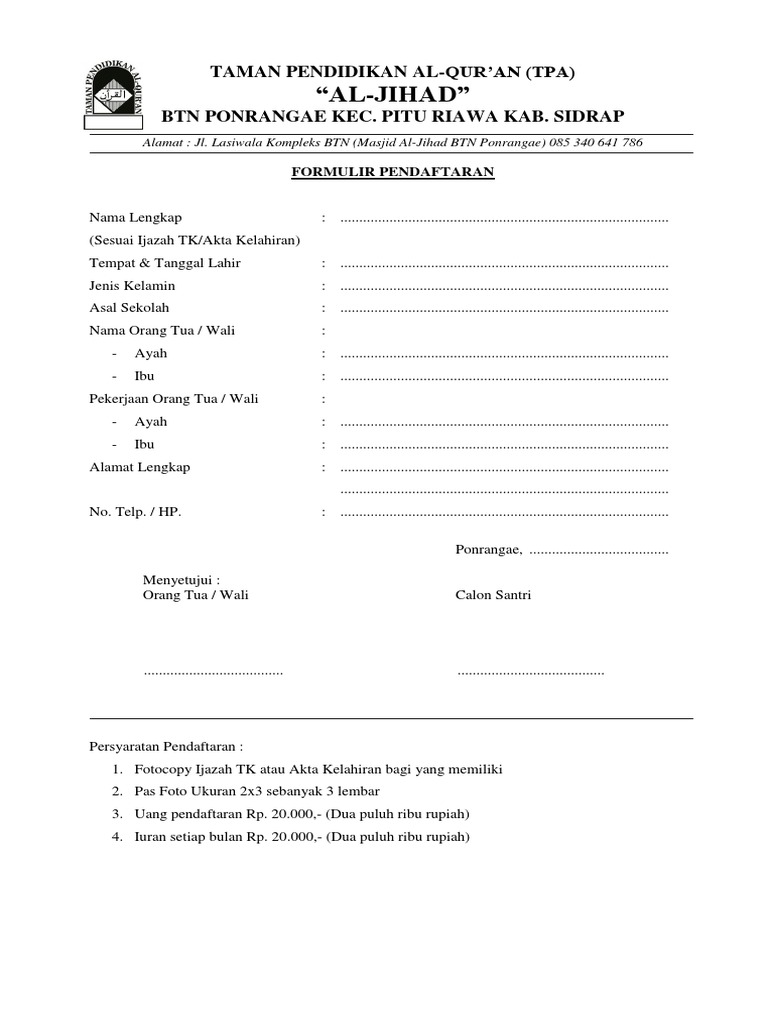 Formulir Pendaftaran Tpa | PDF