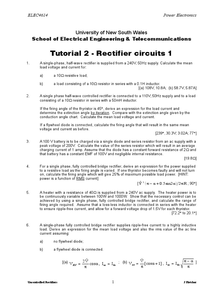 Tutorial 2 - Uncontrolled Rectifier Circuits Revised | PDF | Rectifier | Series And Parallel ...