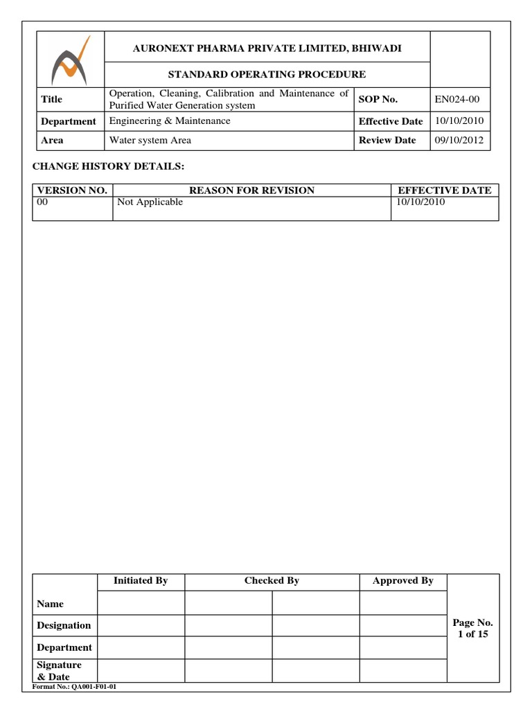 SOP For PW Generation System, New - 25-11-10 | PDF | Water Purification ...