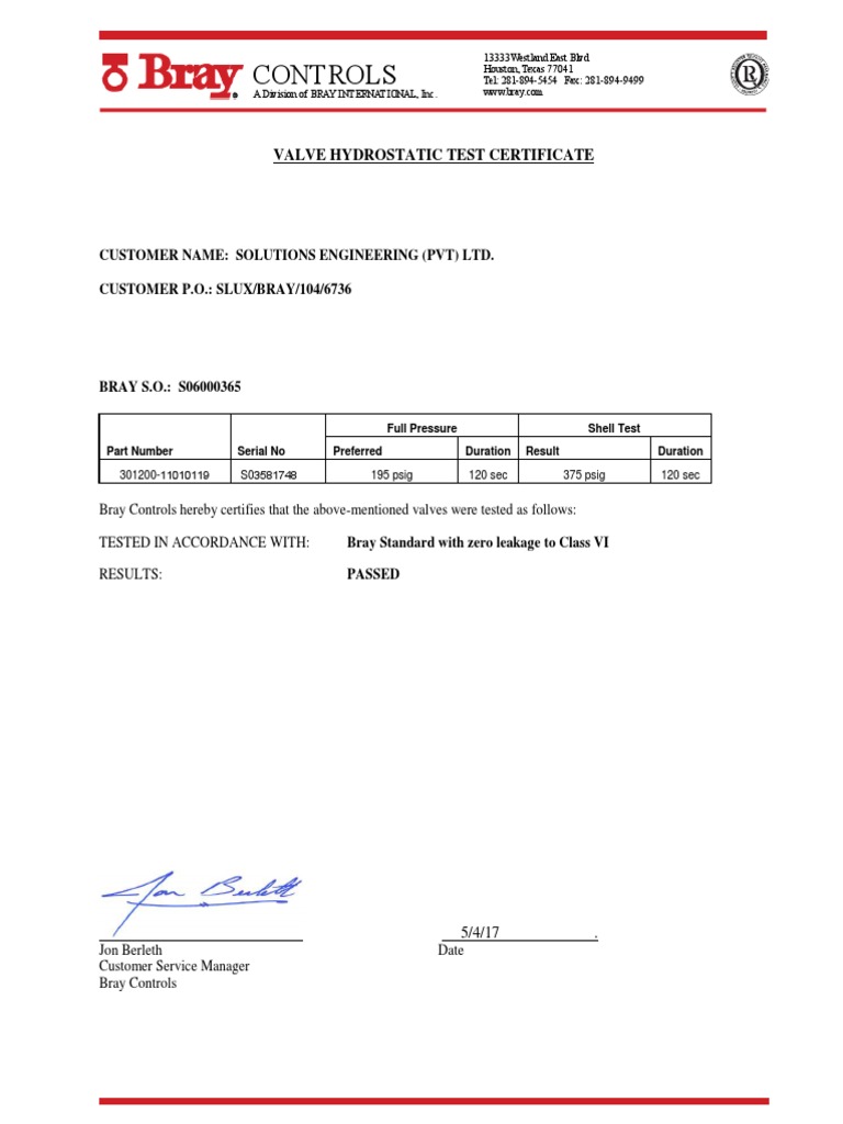 Bray Valve - Hydrostatic Test Report | PDF