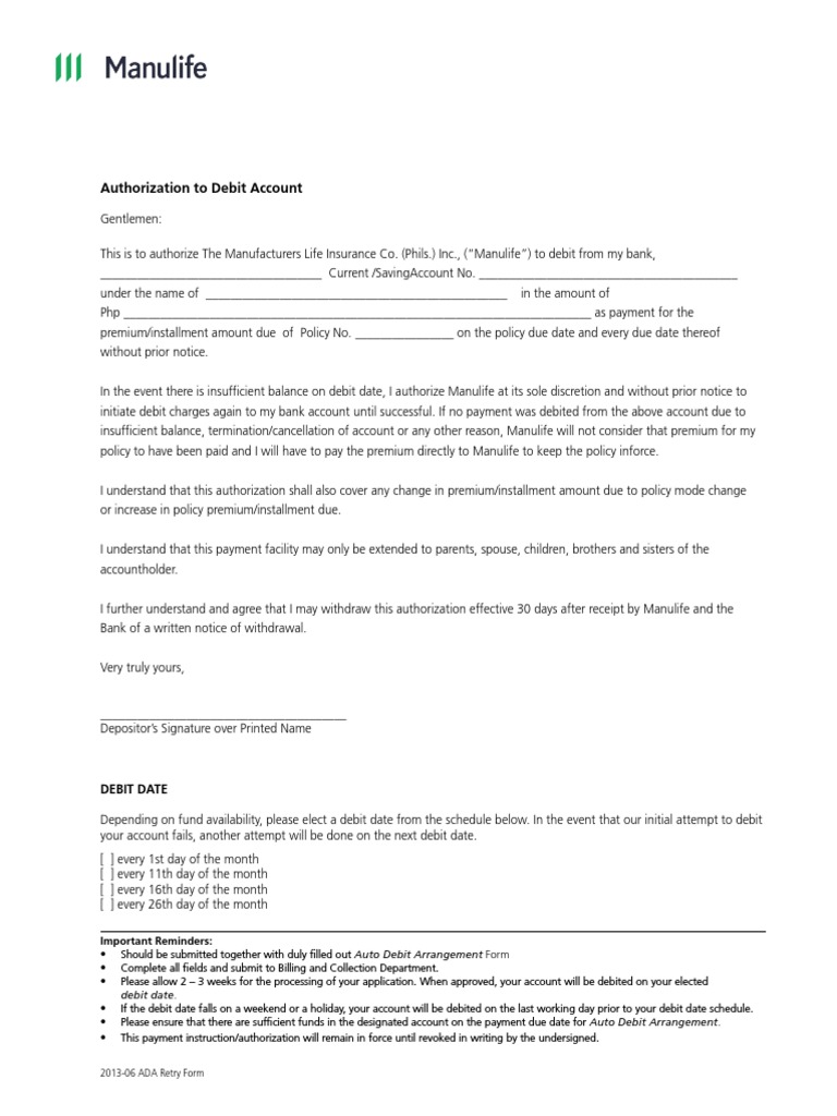 MP Manulife ADA Retry Form | PDF | Debit Card | Insurance