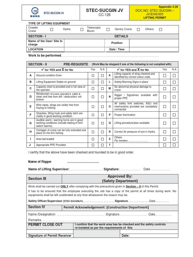 4.28 - Lifting Permit (Revised) | PDF | Crane (Machine)