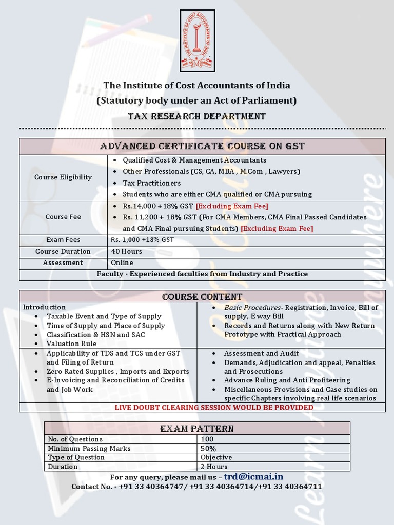 Advanced GST Certification Course Details | PDF | Invoice | Accountant