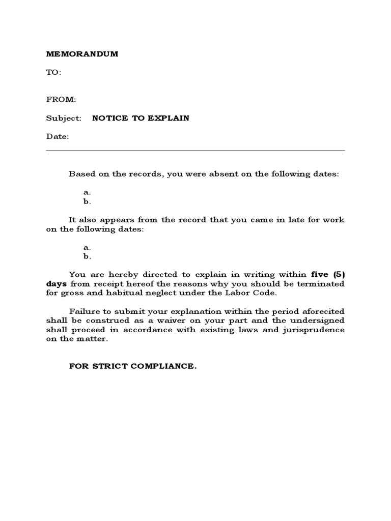 Notice to Explain for Attendance Issues | PDF | Law