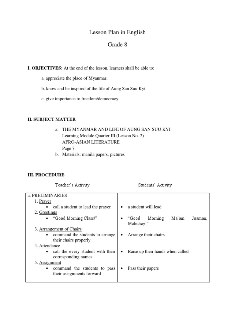 Lesson Plan in English | PDF | Myanmar | Lesson Plan