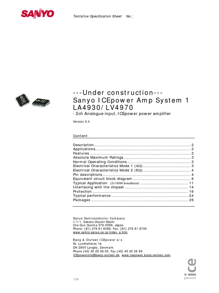 Sanyo ICEpower Amplifier System Specs | PDF | Amplifier | Field Effect ...