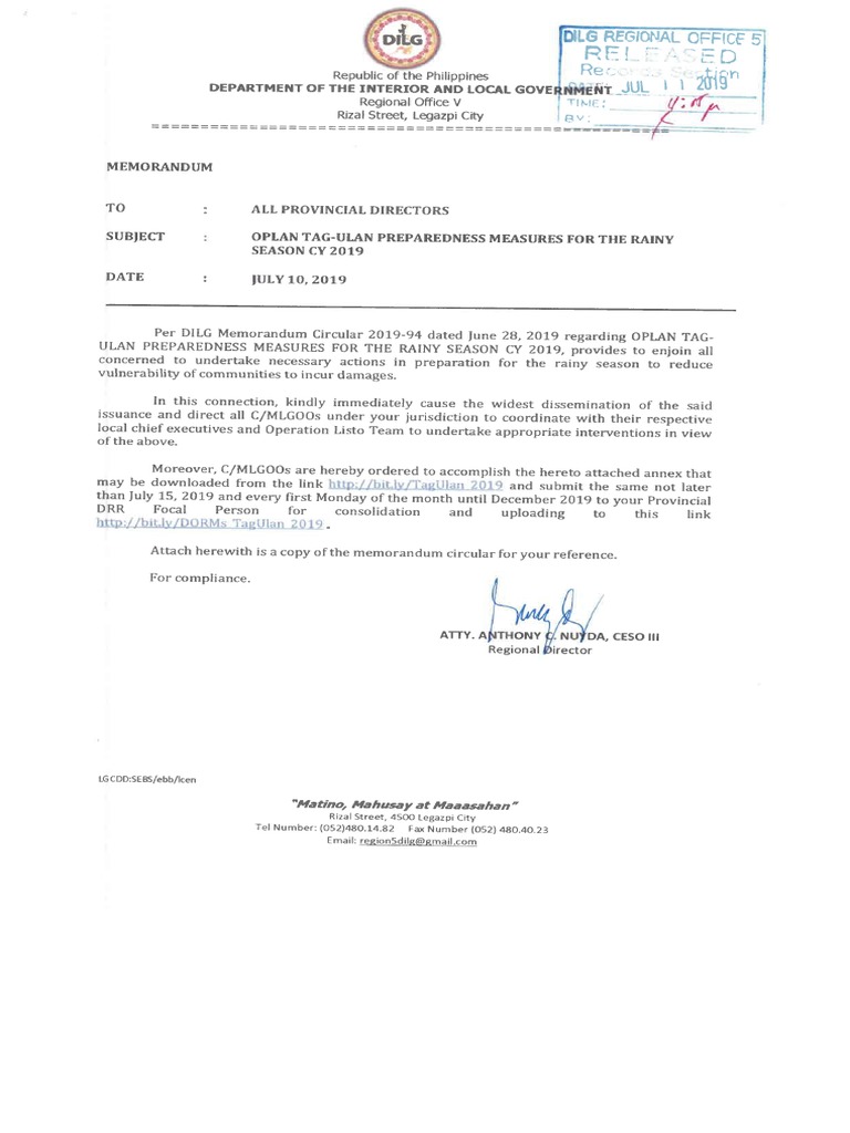 Memo On Oplan Tag - Ulan | PDF