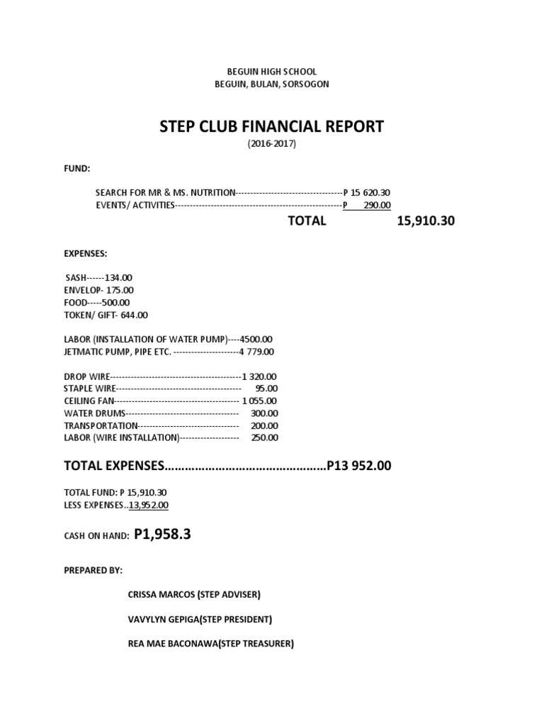 Beguin High School STEP Club Financial Report | PDF