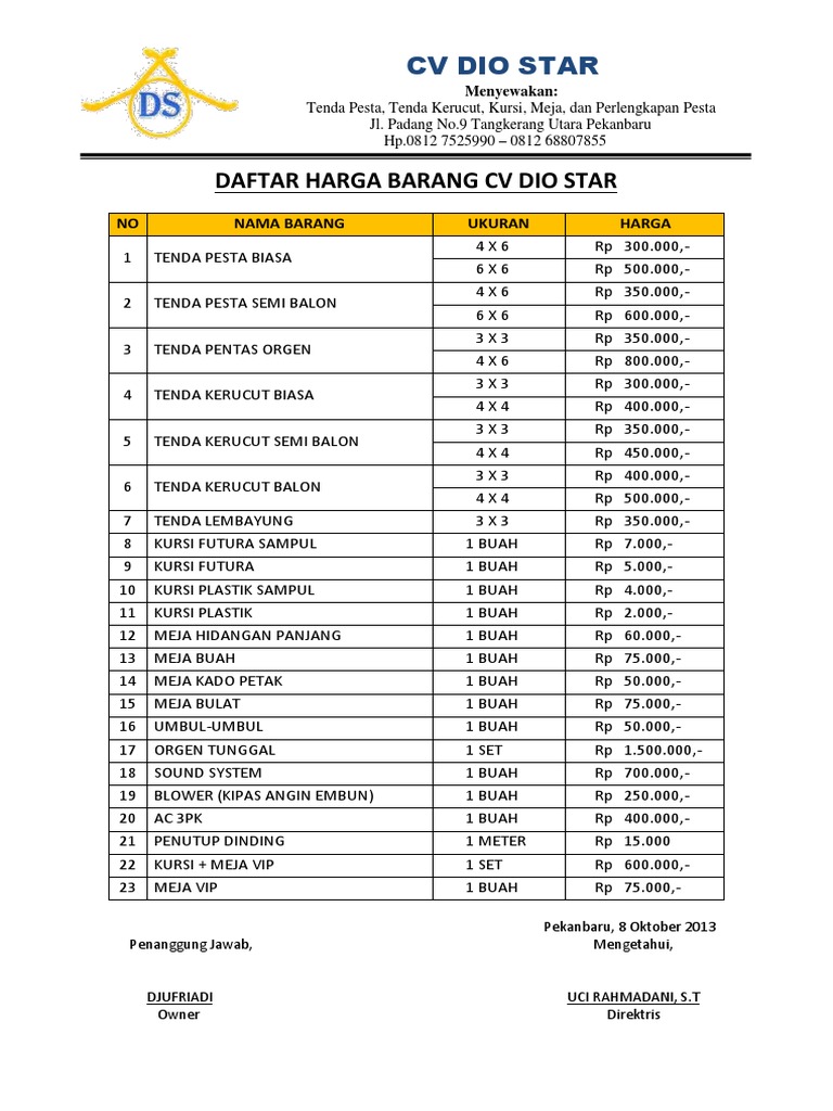 Daftar Harga CV Dio Star | PDF