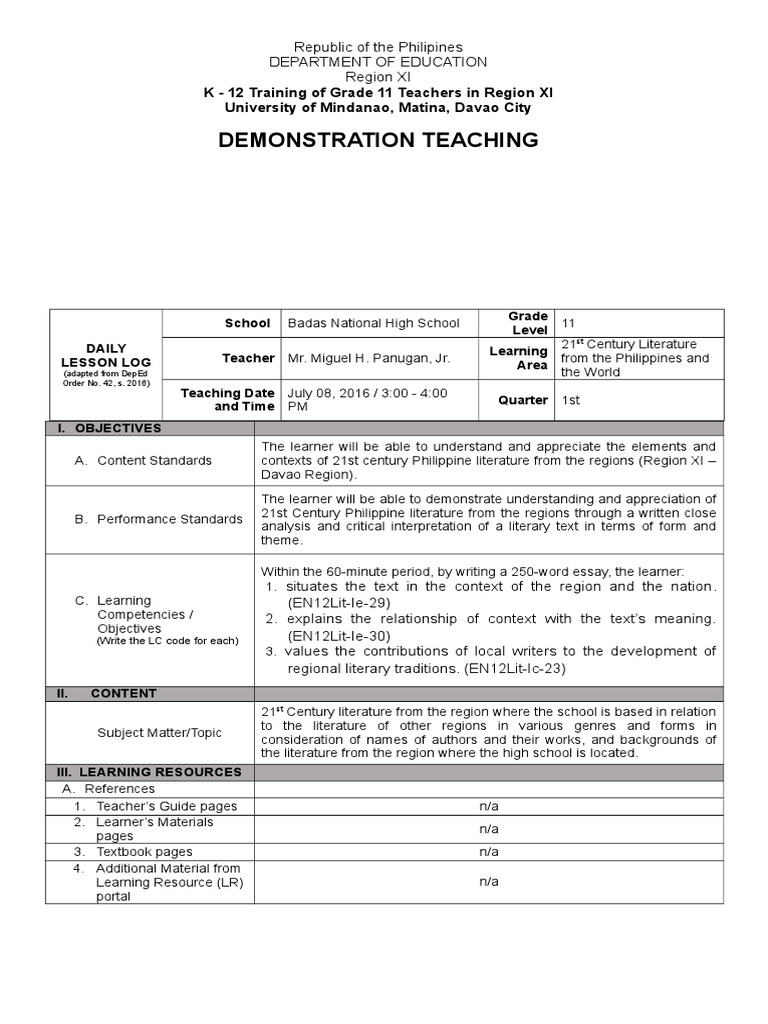 Regional Demo Lesson Plan | PDF | Teachers | Lesson Plan