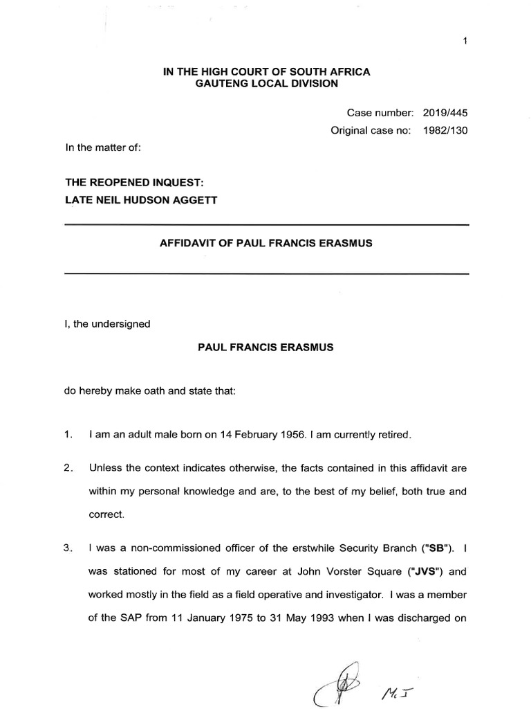 Paul Erasmus Affidavit at Neil Aggett Inquest | PDF