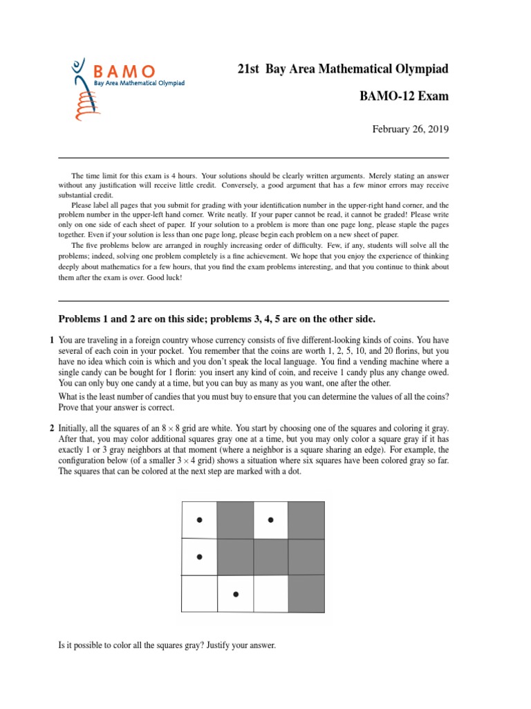 2019 Bay Area Mathematical Olympiad (Grade 12) Exam | PDF | Triangle ... 2019 Bay Area Mathematical Olympiad (Grade 12) Exam | PDF | Triangle ...