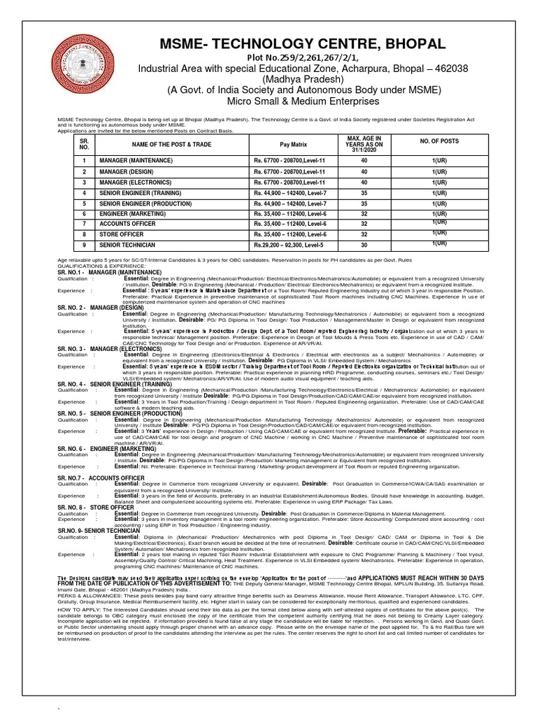 MSME Technology Center Bhopal Recruitment Advertisement-2020 | PDF ...