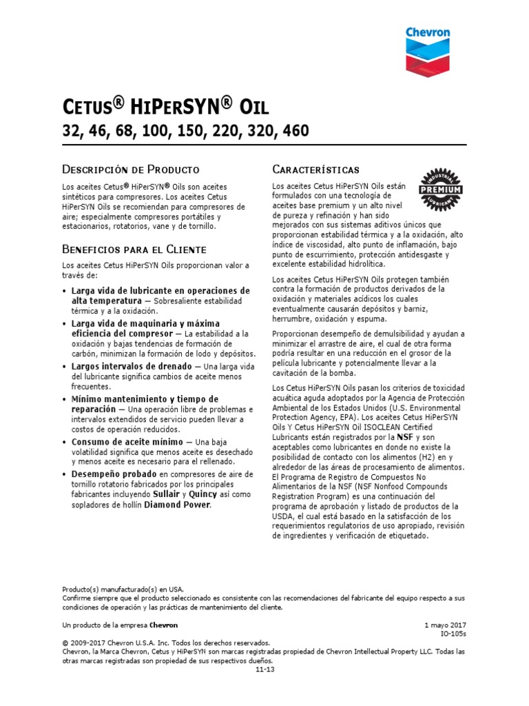 Ficha Técnica CETUS HIPERSYN OIL 46 | PDF | Lubricante | Petróleo