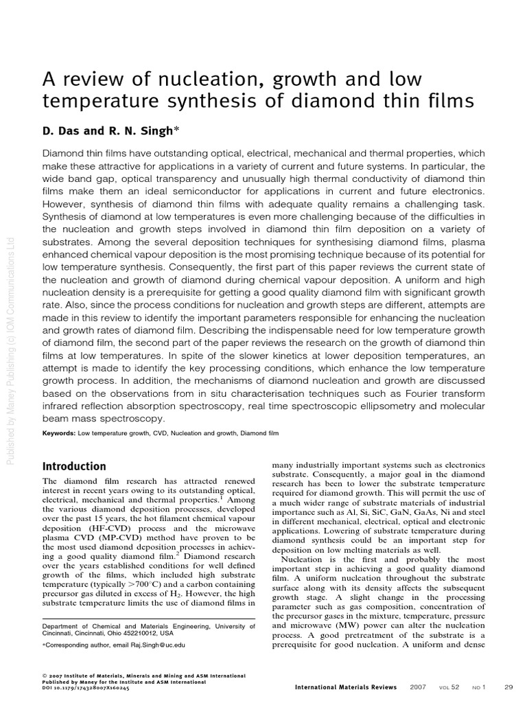 A Review of Nucleation, Growth and Low Temperature Synthesis of Diamond ...