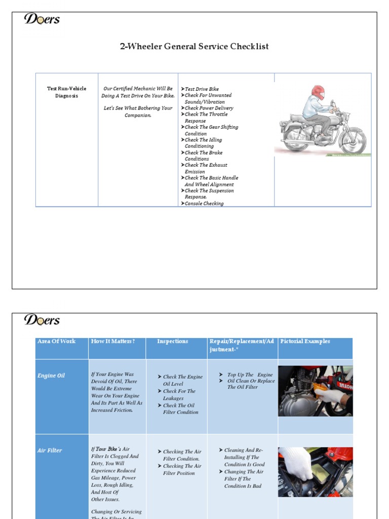 General Service Checklist - BIKE PDF | PDF | Carburetor | Brake