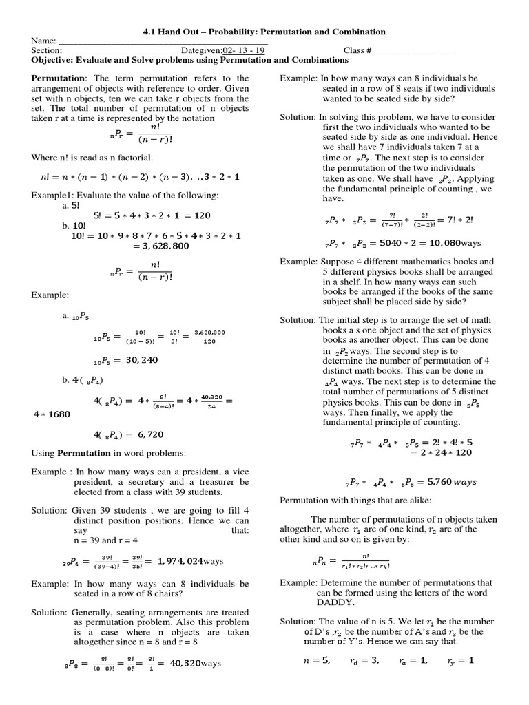 4.1 Hand Out – Probability: Permutation and Combination | PDF ...