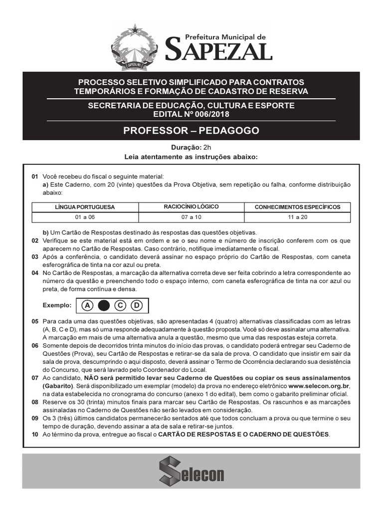 Selecon 2019 Prefeitura de Sapezal MT Pedagogo Prova PDF | PDF | Pedagogia | Verdade
