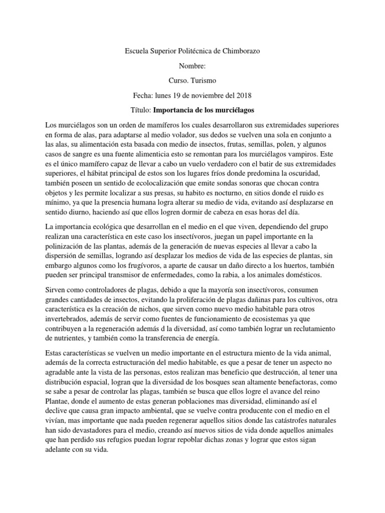 Importancia Ecologica de Los Murcielagos | PDF | Murciélago | Organismos