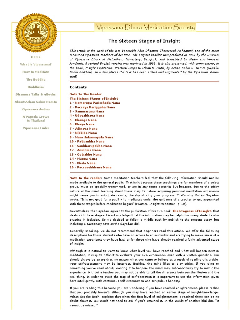 The Sixteen Stages of Insight | PDF | Four Noble Truths | Vipassanā