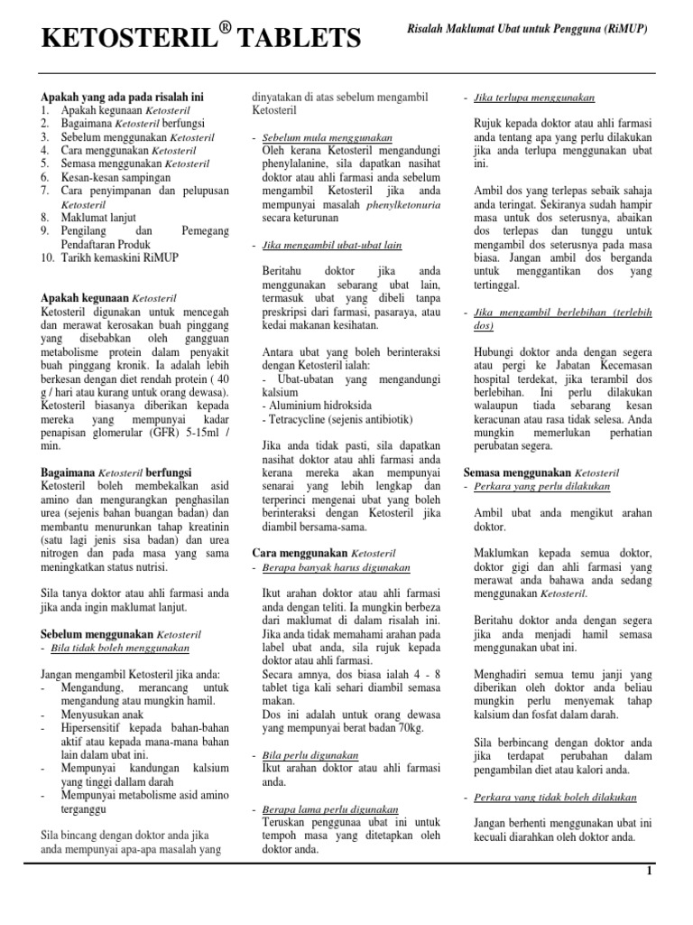 Ketosteril Tablet Fresenius Kabi Malaysia Sdn. Bhd. 9oct2015 BM | PDF