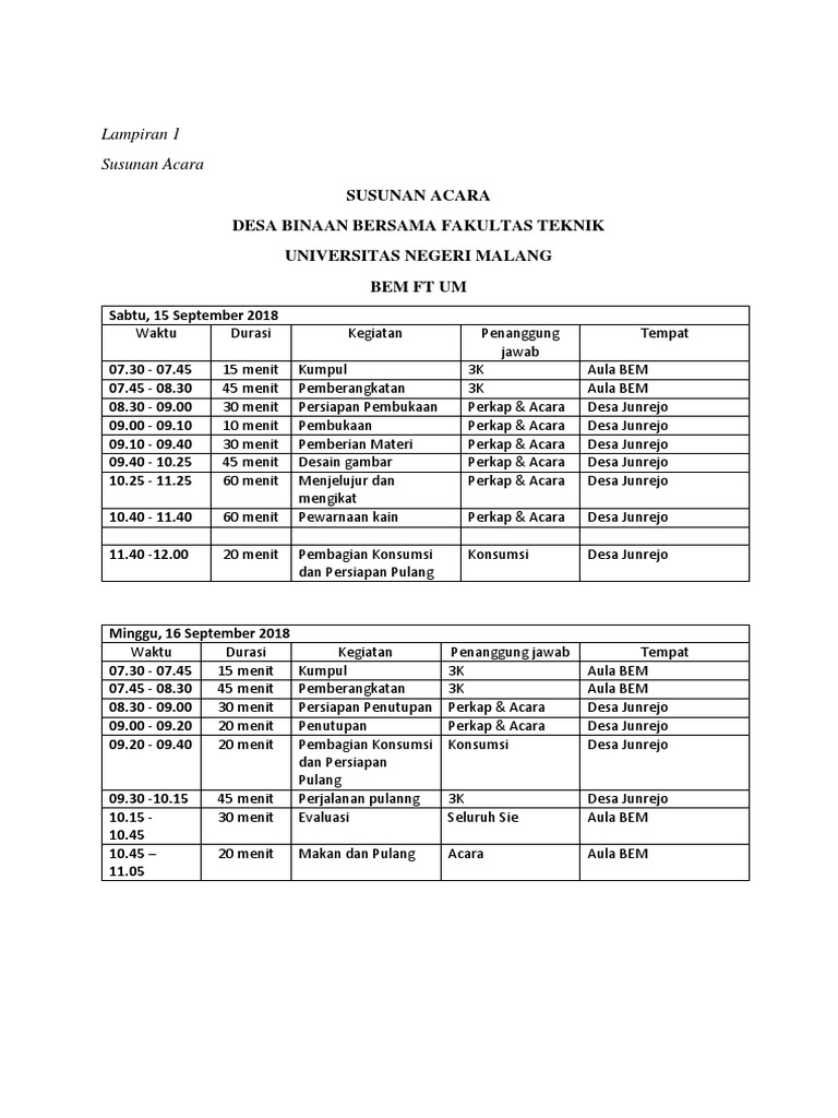 Rundown Acara Piknik Desa Junrejo | PDF