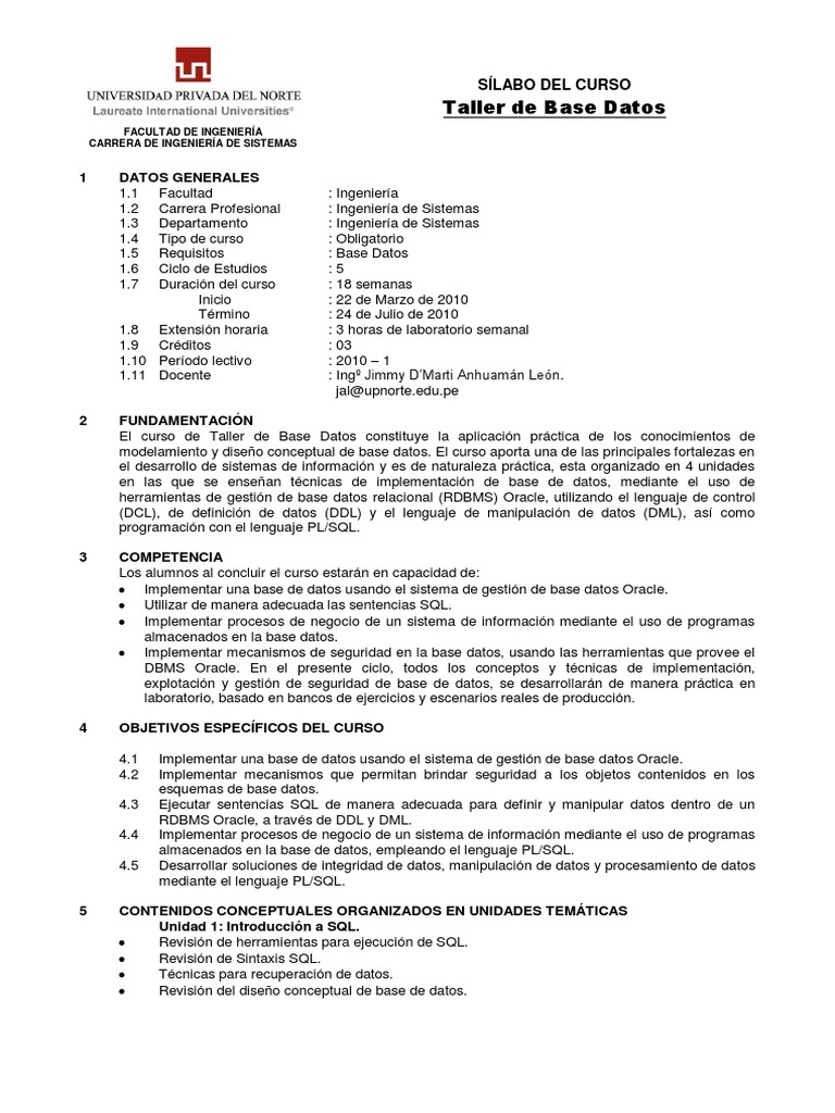 Sílabo de Taller Base Datos | PDF | Pl / Sql | SQL