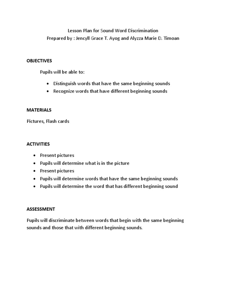 Lesson Plan For Sound Word Discrimination | PDF
