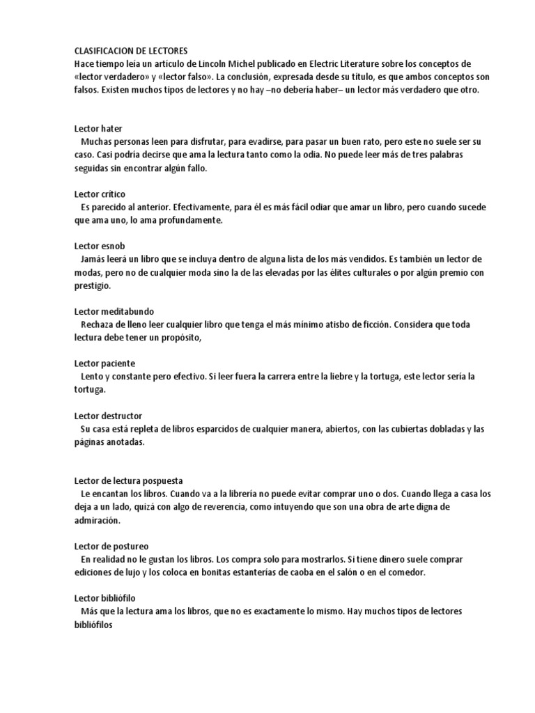Clasificación de Tipos de Lectores | PDF | Libros