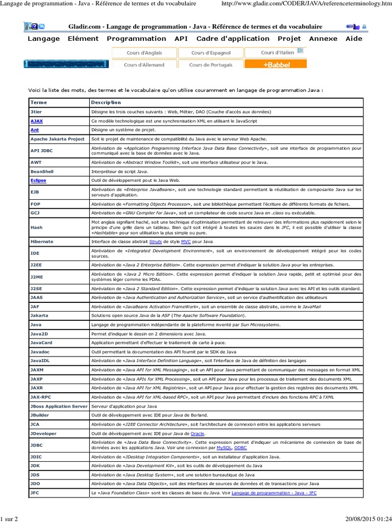 Lexique 2 | PDF | Java (Langage de programmation) | Interface de programmation