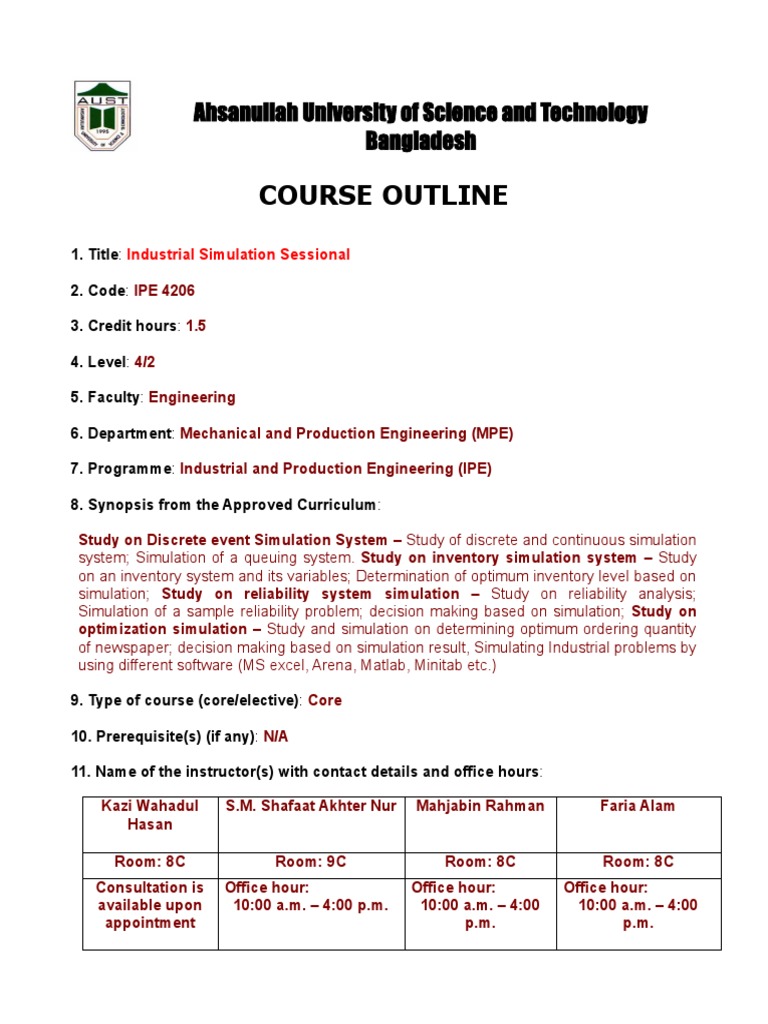 Course Outline for Industrial Simulation Sessional: An Overview of Core ...