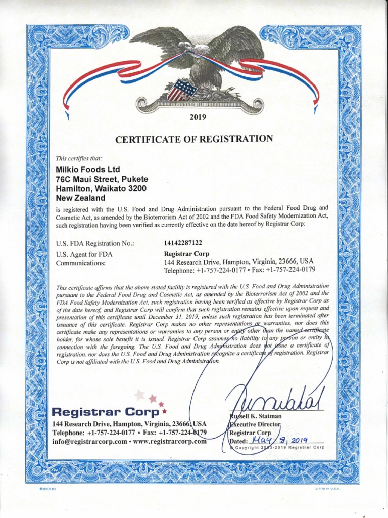 FDA Registration Certificate for Milkio Foods | PDF | Food And Drug ...