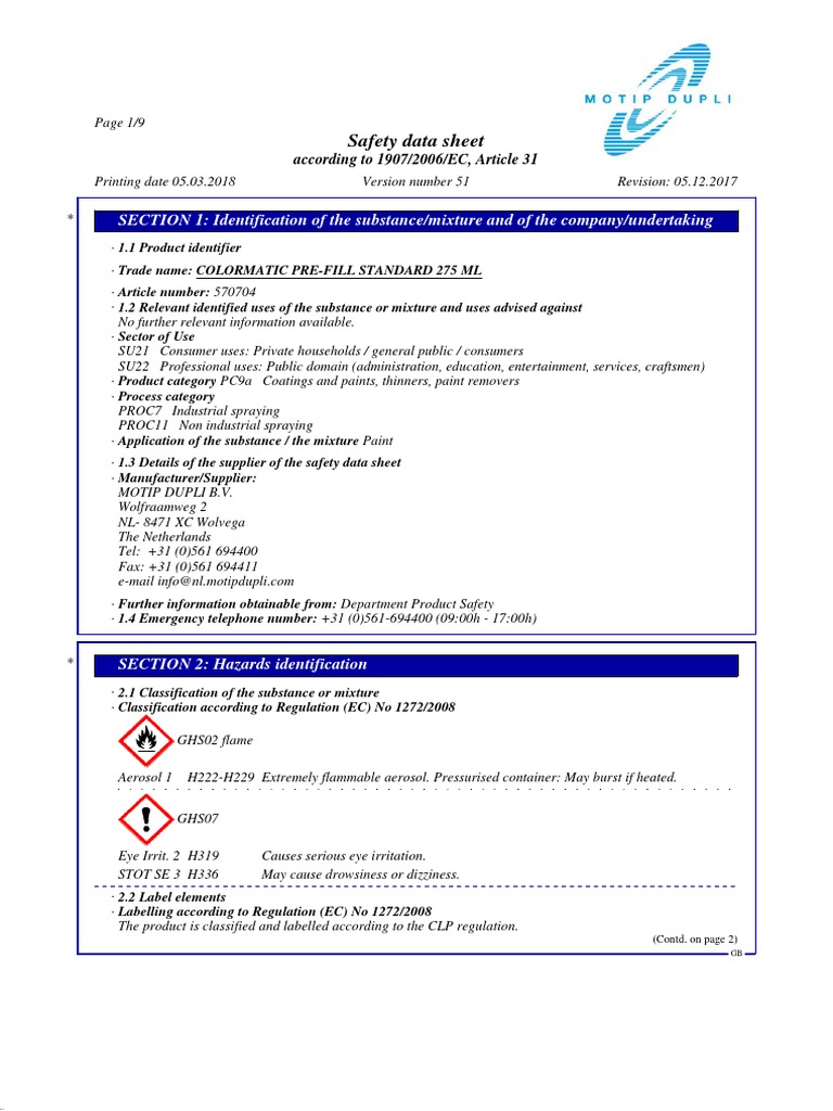 Colormatic Pre-Fill Standard 275 ML (GB) PDF | PDF | Toxicity ...
