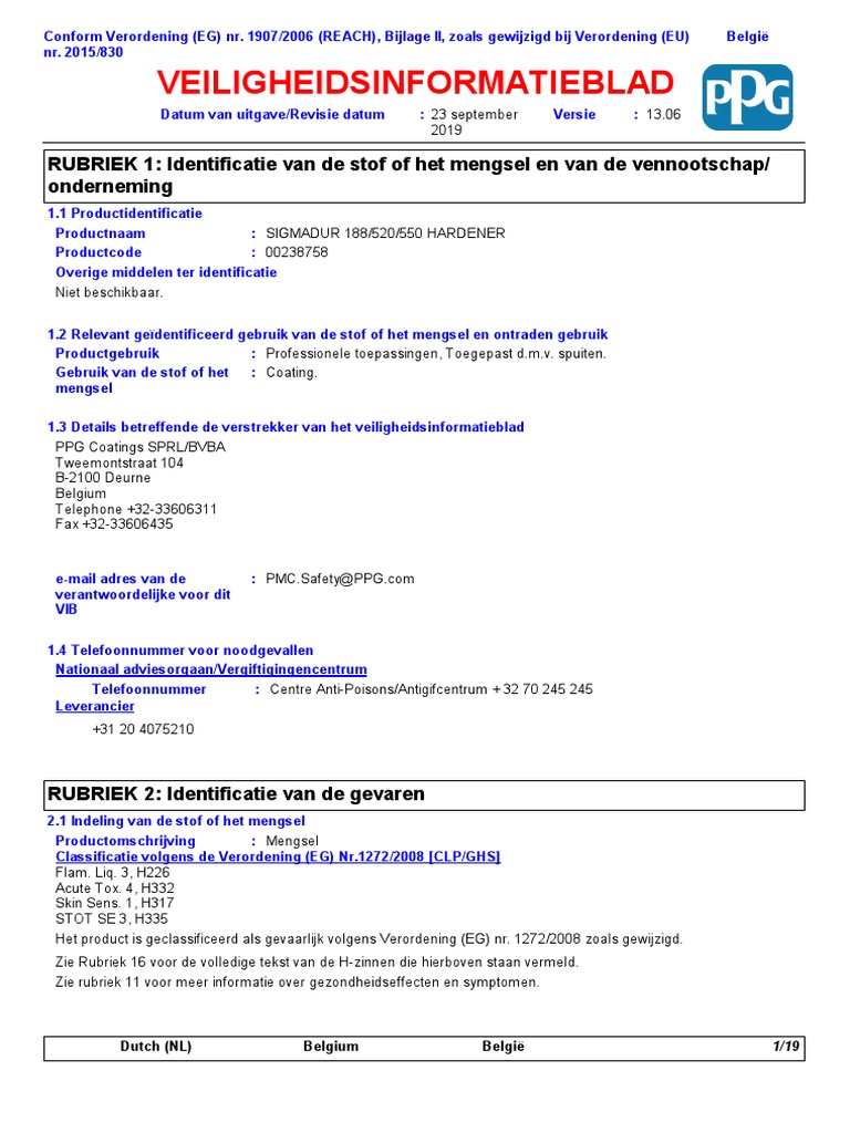SIGMADUR 188 - 520 - 550 HARDENE - PPG EU SDS REACH - Belgium - NL-NL ...