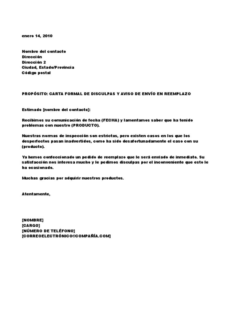 Carta Formal de Disculpas y Aviso de Envío de Producto en Reemplazo | PDF