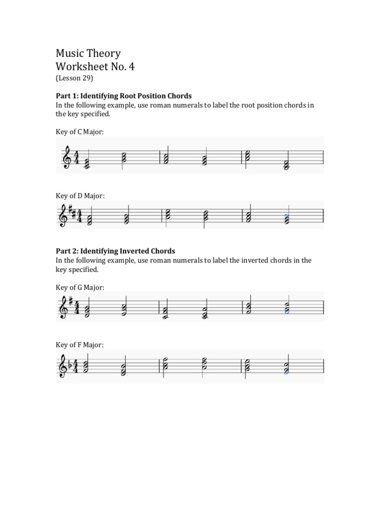 Music Theory Worksheet No. 4 Root and Inverted Chord Identification ...