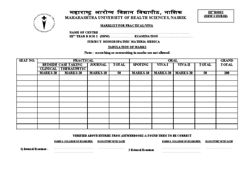 III BHMS NEW Revised Practical Marksheet Format 150510 | PDF
