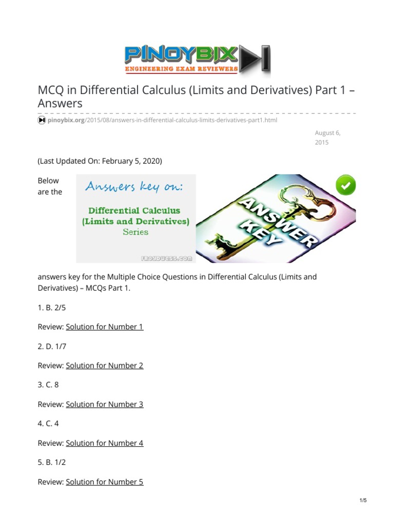 MCQ in Differential Calculus Limits and Derivatives Part 1 Answers | PDF | Derivative | Multiple ...