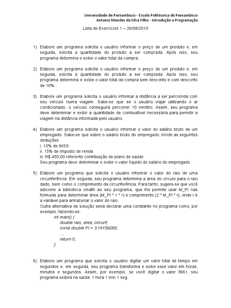 Lista de Exercicios Básica de Programação em C++ | PDF