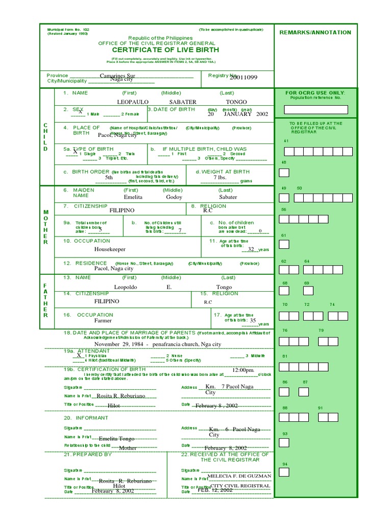 Certificate of Live Birth Form - Philippines PDF | PDF | Birth ...
