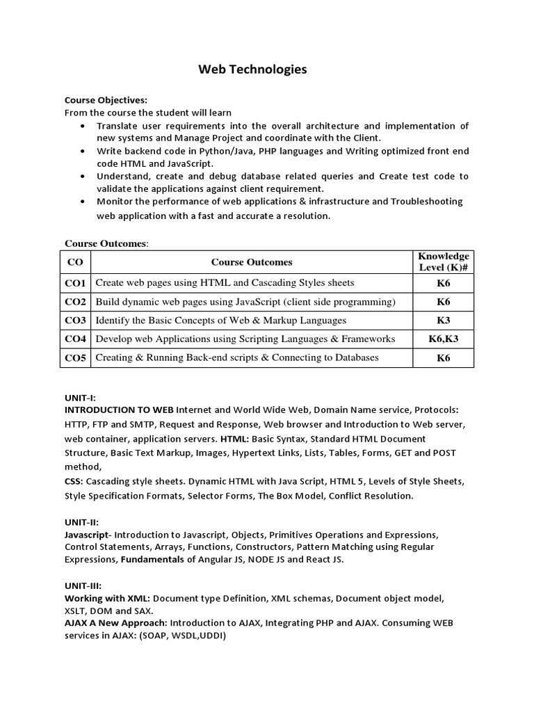 Web Technologies Syllabus | PDF | Html | World Wide Web